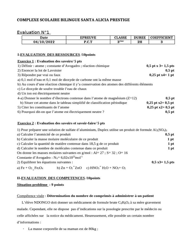 PCT 3ème Éval 1 | PDF