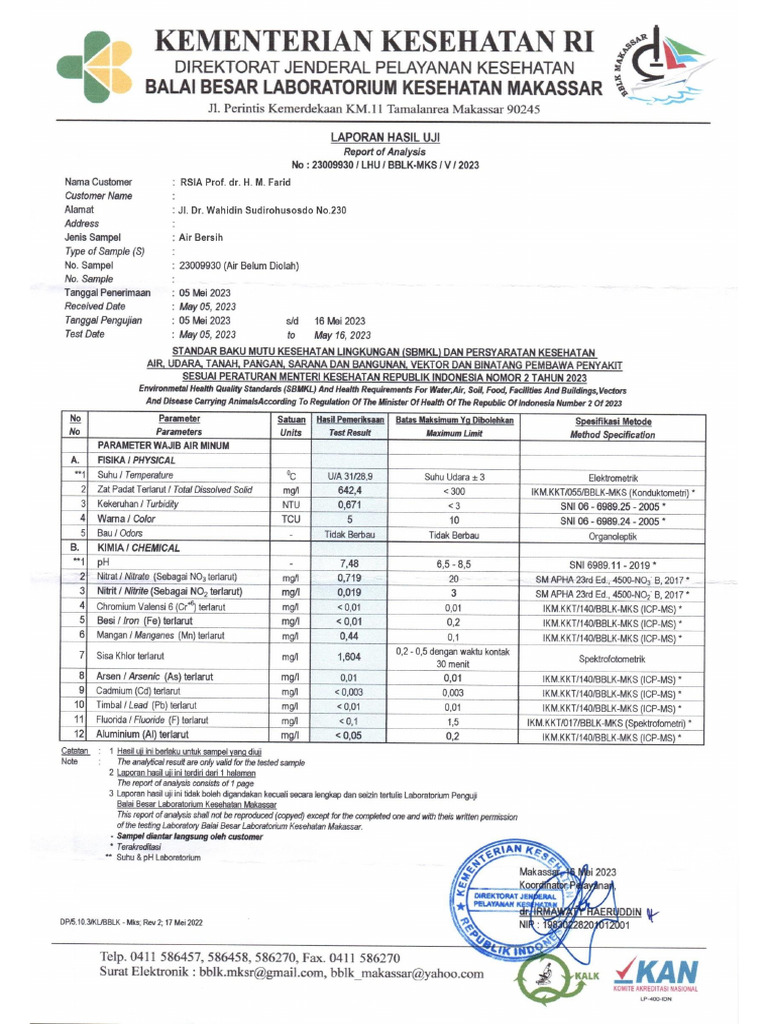 HASIL UJI LAB AIR BERSIH-1 | PDF HASIL UJI LAB AIR BERSIH-1 | PDF
