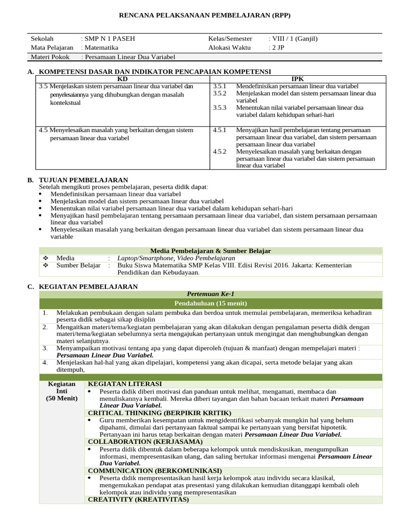 RPP I MTK Kelas Viii | PDF