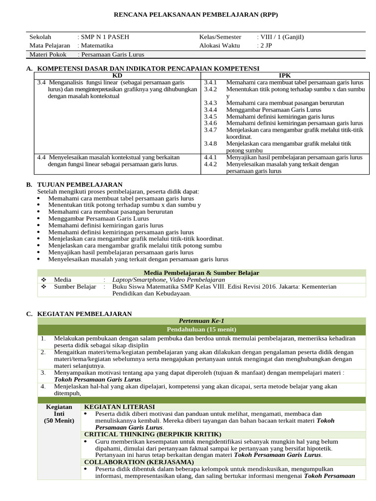RPP I MTK Kelas Viii | PDF