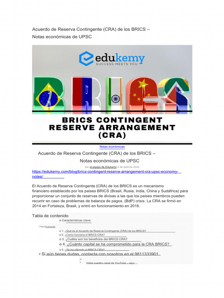 2024 April BRICS Contingent Reserve Arrangement (CRA) - UPSC Economy ...