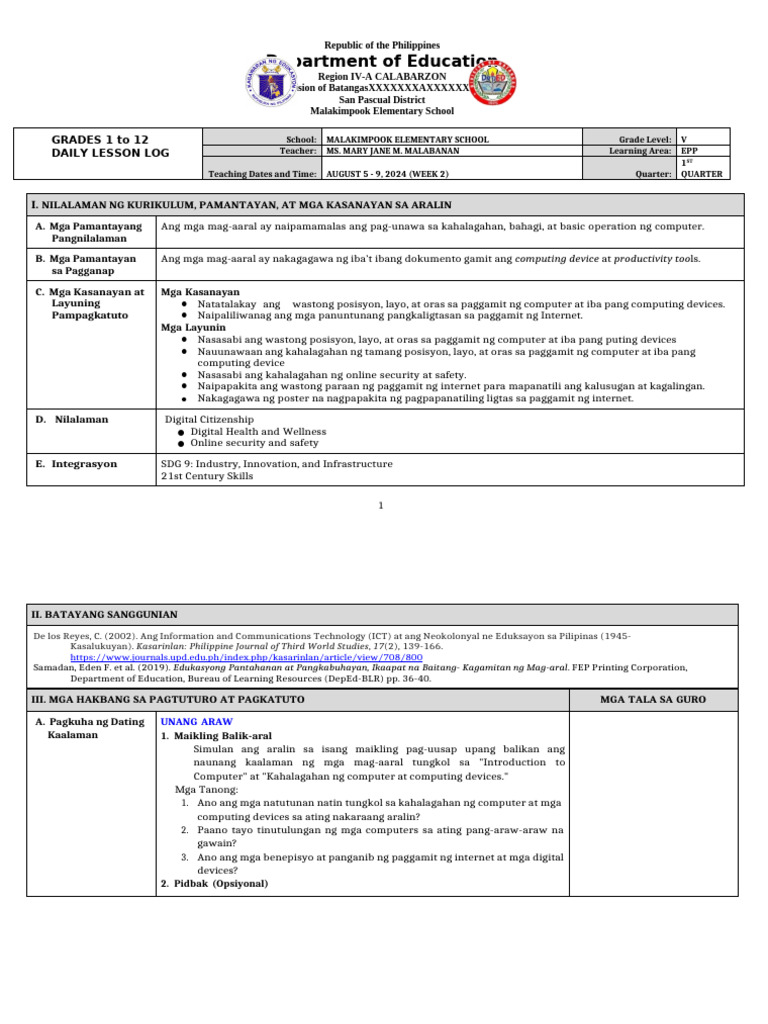 DLL Matatag - Epp 4 Q1 W2 | PDF