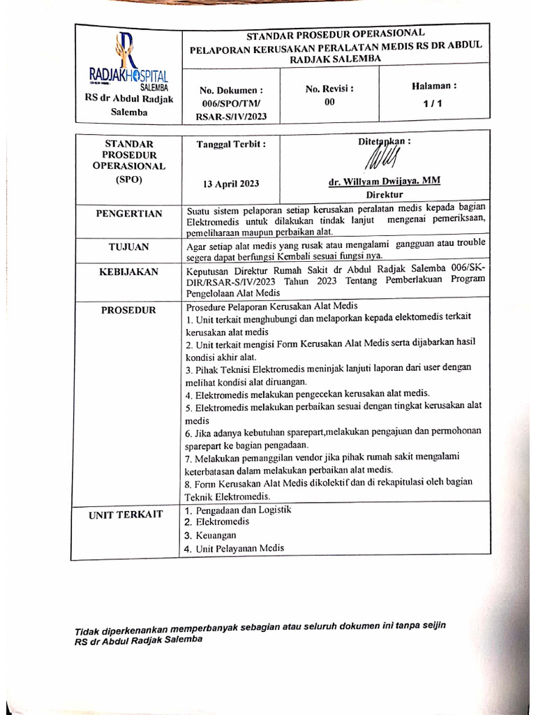 Spo Pelaporan Kerusakan Alkes | PDF