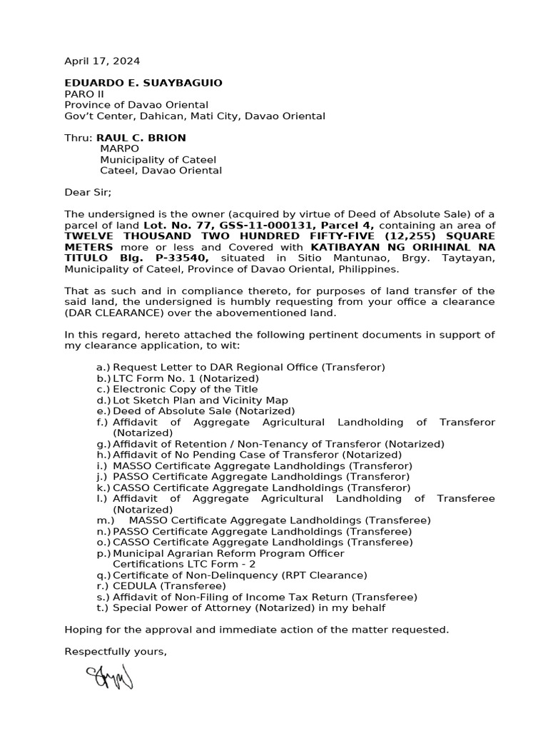 DAR Letter (Jonie Mongaya) Lot 77 | PDF