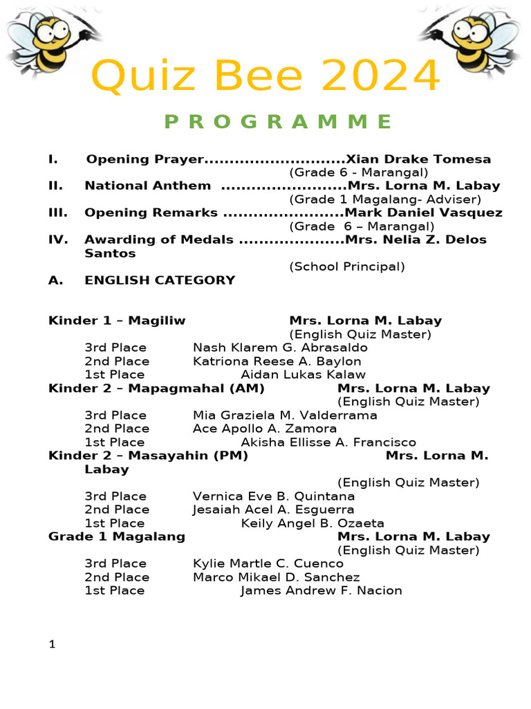 Quiz Bee 2024 Programme Fold | PDF