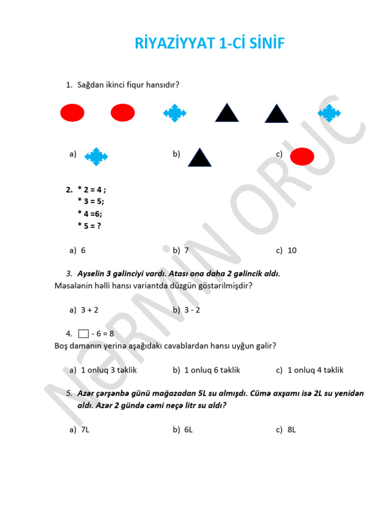 Riyaziyyat-1ci Sinif | PDF