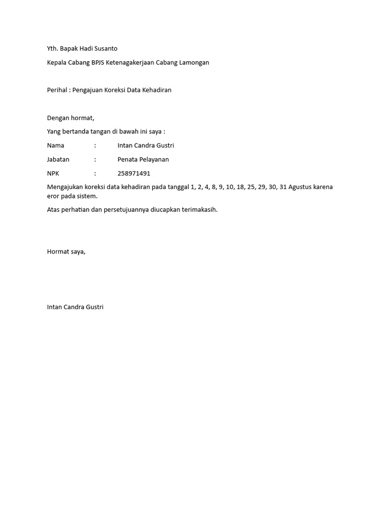 Surat Permohonan Koreksi Kehadiran | PDF