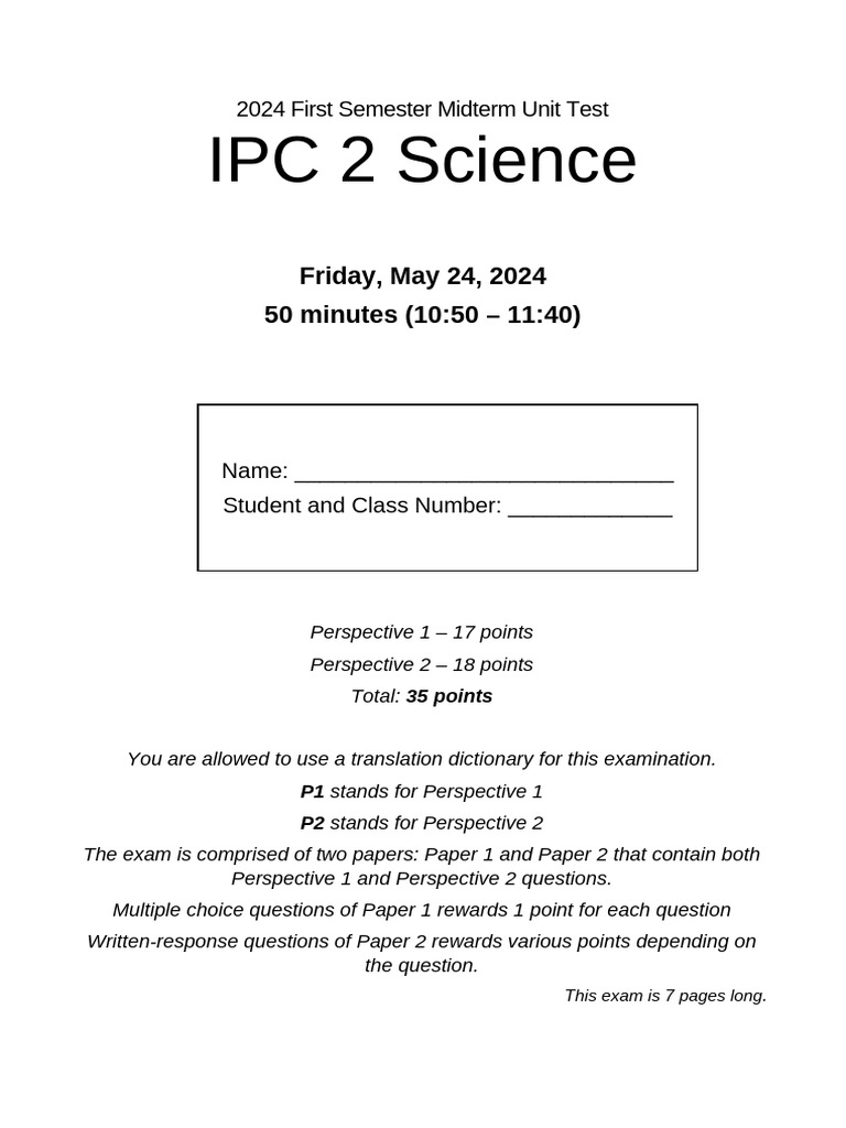 IPC 2 Science FS Midterm Unit Test | PDF
