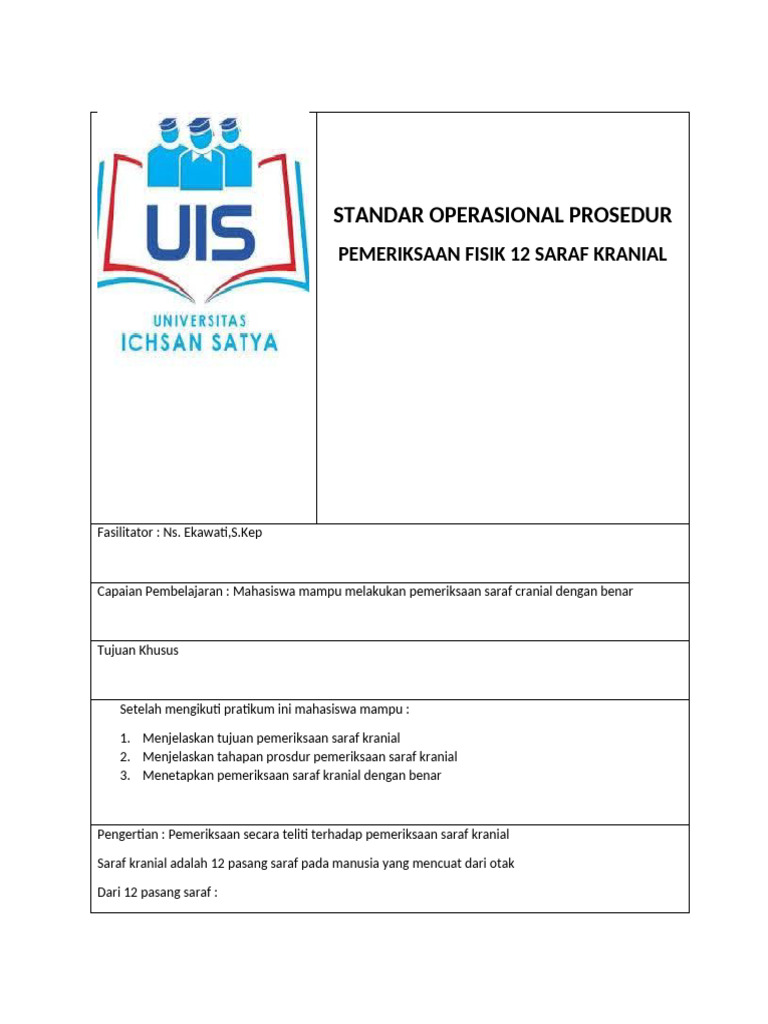 Standar Operasional Prosedur 12 Saraf Kranial | PDF