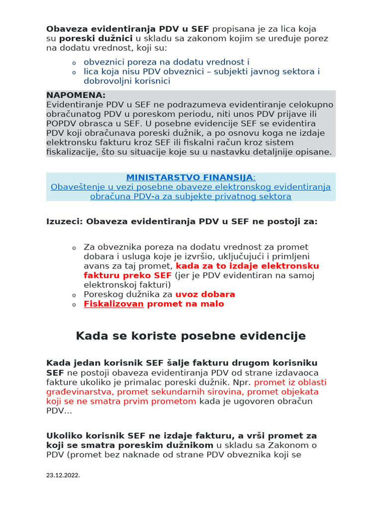 SEF - Pojedinačna I Zbirna Evidencija | PDF