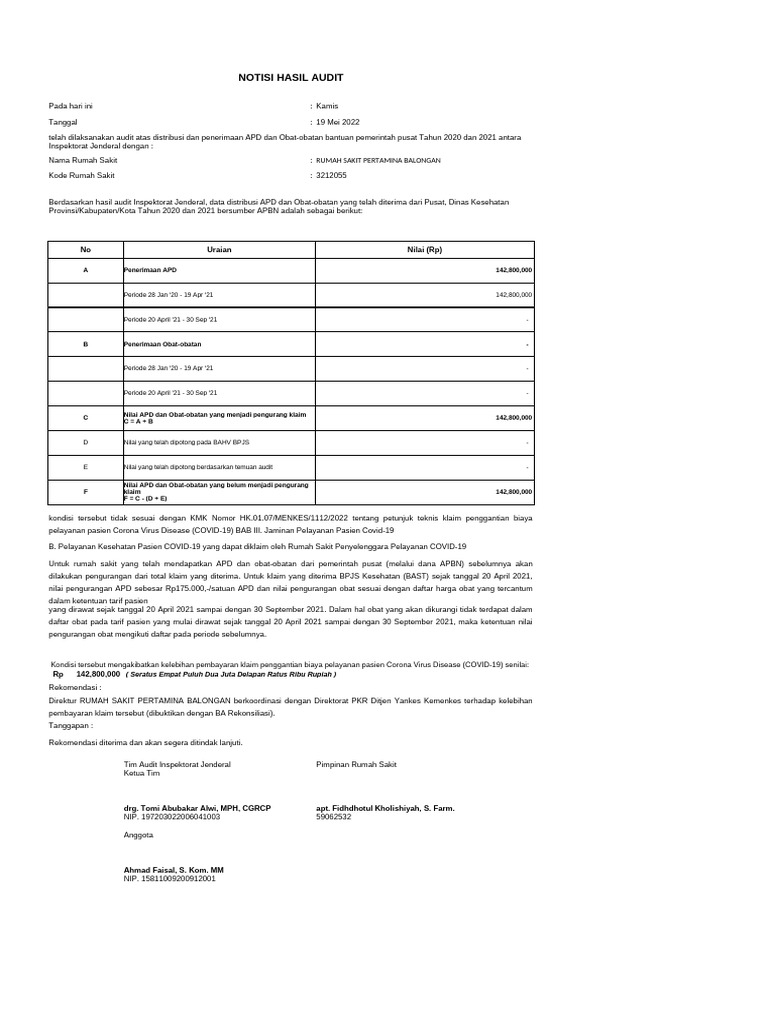 BA Notisi Audit APD-Obat RSP. Balongan | PDF