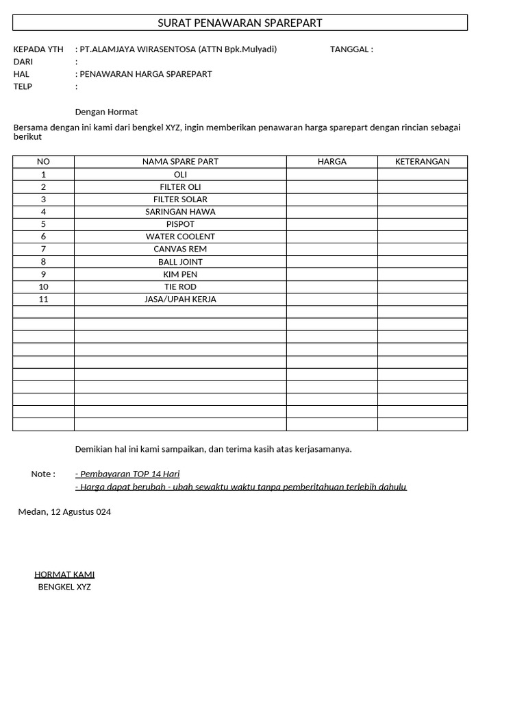 Form Kerjasama Bengkel | PDF