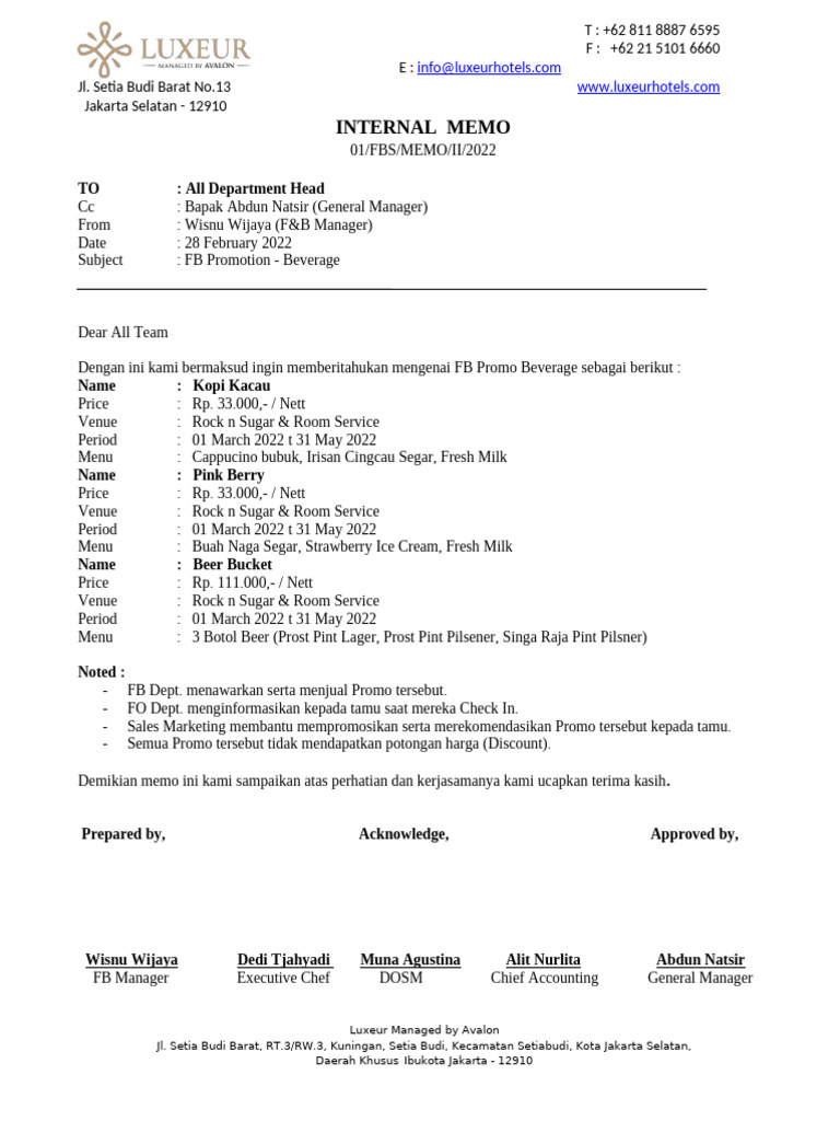 Internal Memo - FB Promotion Bev. | PDF