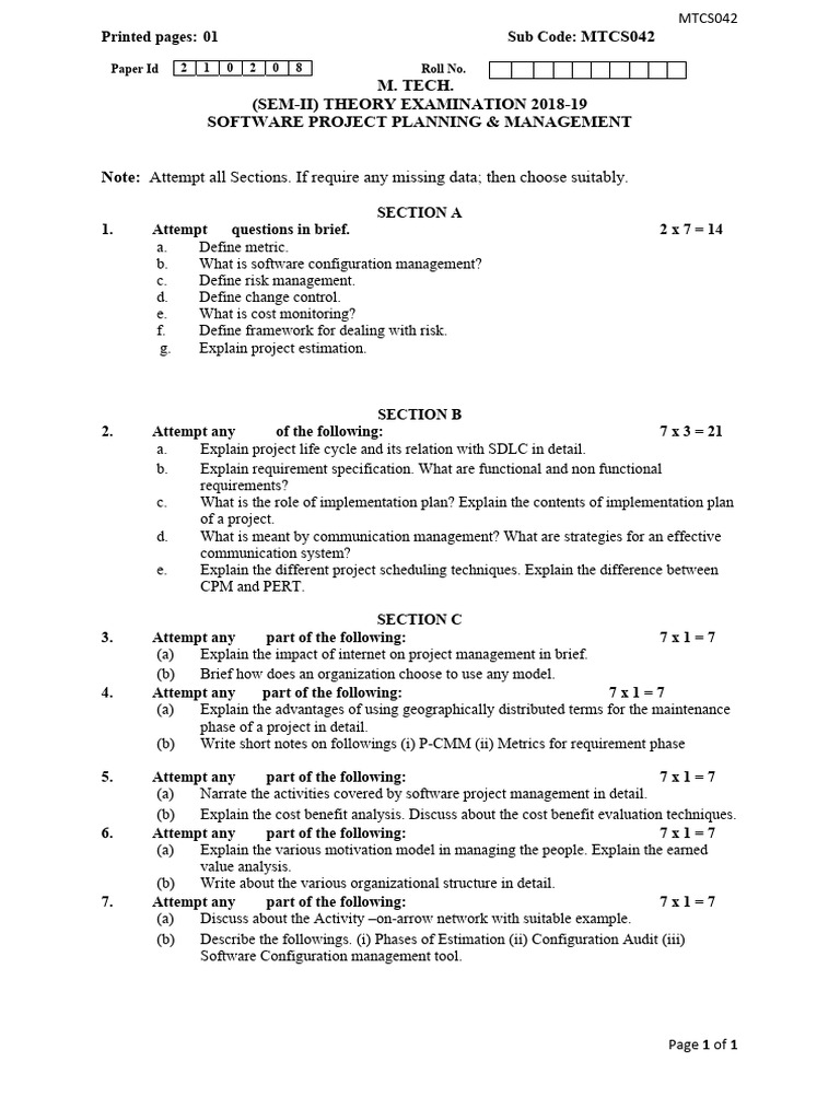 Mtech 2 Sem Software Project Planning and Management mtcs042 2019 | PDF