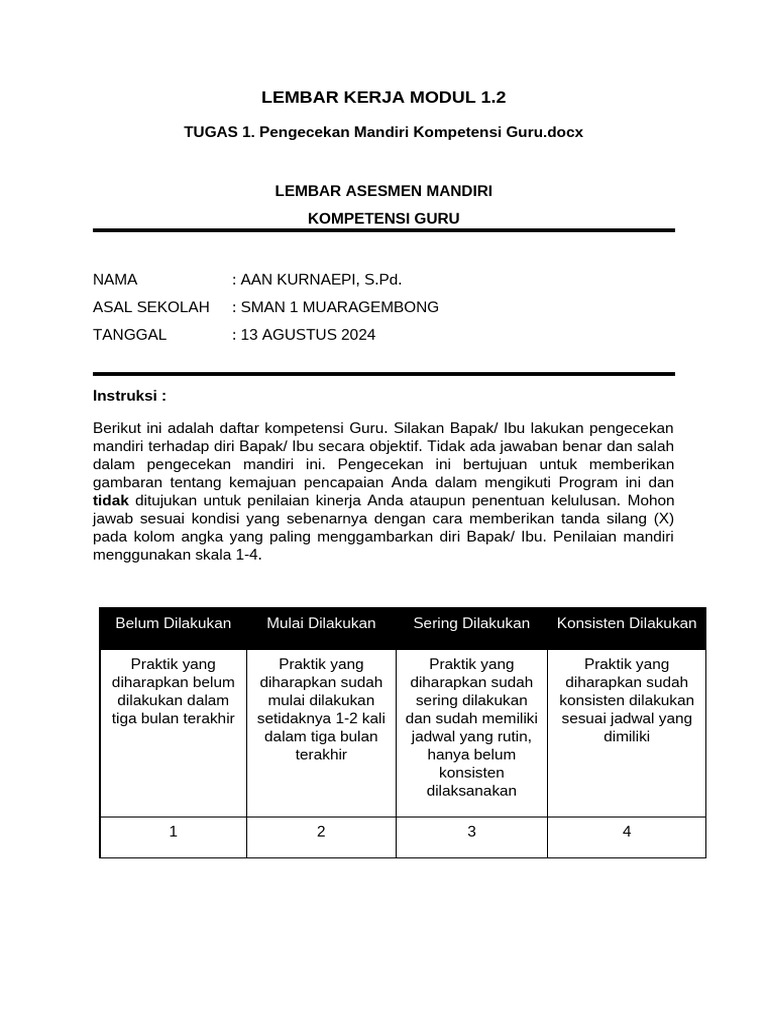Lembar Kerja Modul 1.2: TUGAS 1. Pengecekan Mandiri Kompetensi Guru | PDF