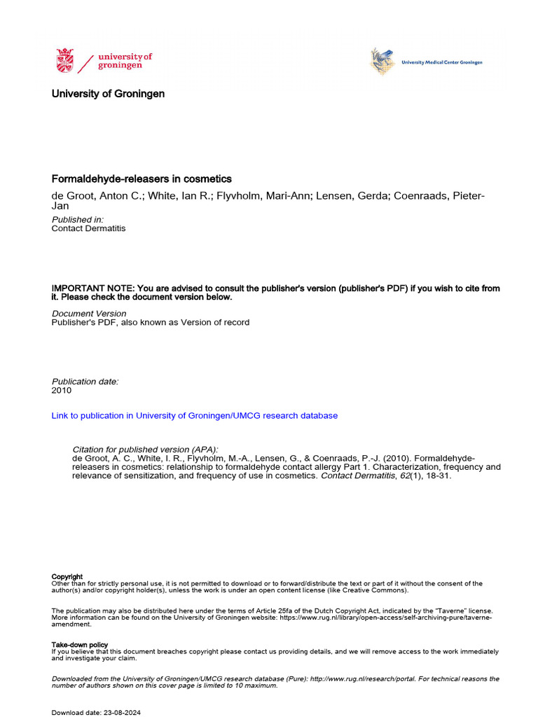 Formaldehyde-Releasers in Cosmetics | PDF