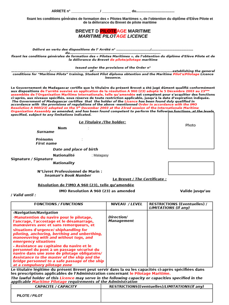 Annexe 5 BREVET DE PILOTE MARITIME 19 06 2024 | PDF