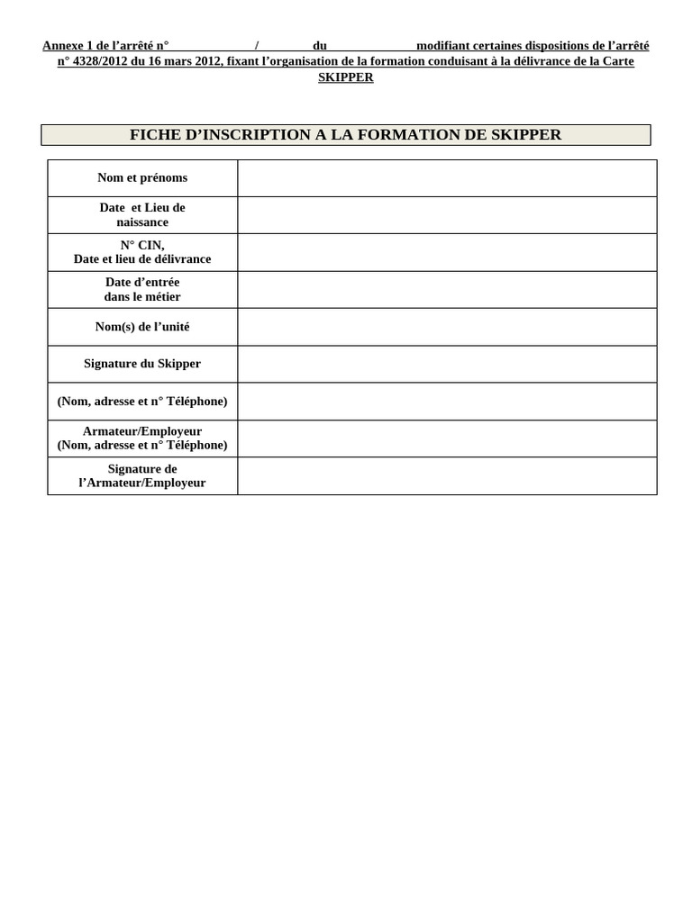 Annexe 1 Fiche Inscription Skipper | PDF