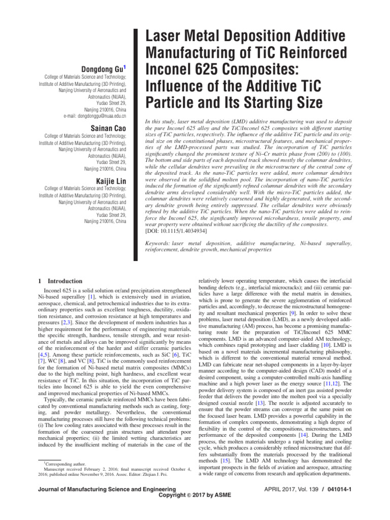 Laser Metal Deposition Additive Manufacturing of Tic Reinforced Inconel ...