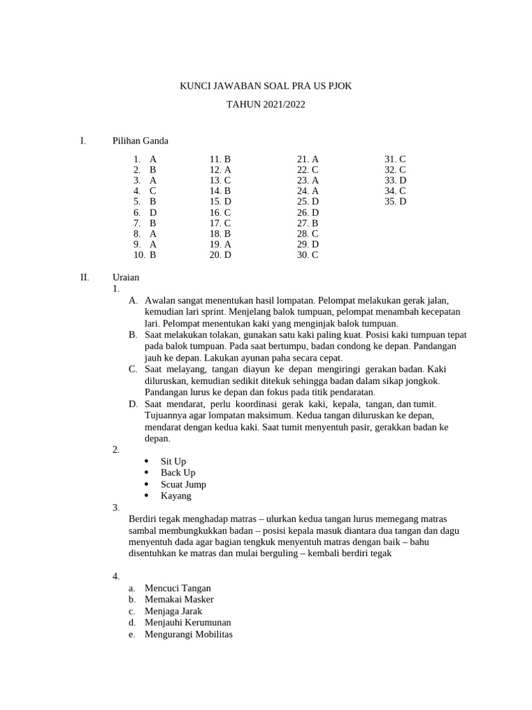 Kunci Jawaban Soal Pra Us Pjok | PDF