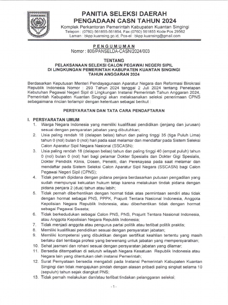 Pengumuman Pelaksanaan Seleksi CPNS Di Lingkungan Pemerintah Kabupaten Kuantan Singingi Ta. 2024 ...