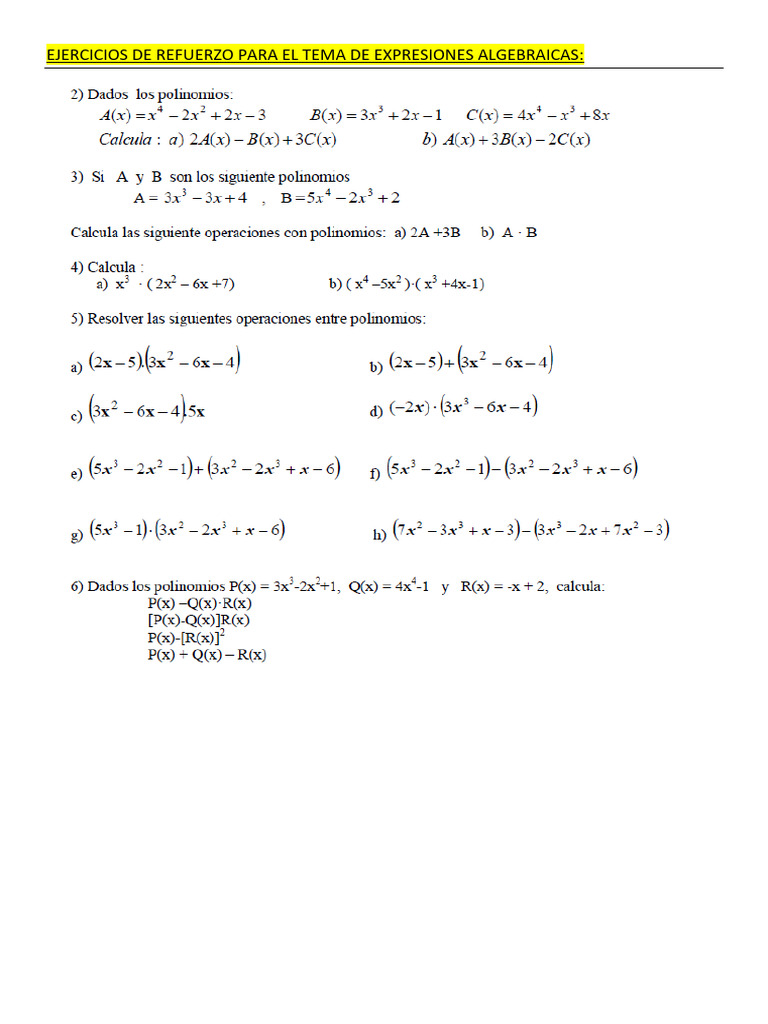 Ejercicios de Refuerzo para El Tema de Expresiones Algebraicas | PDF