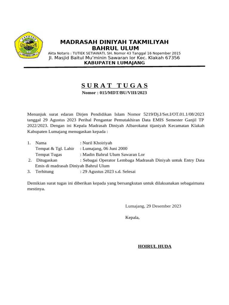 Contoh SK Surat Tugas Operator Emis | PDF