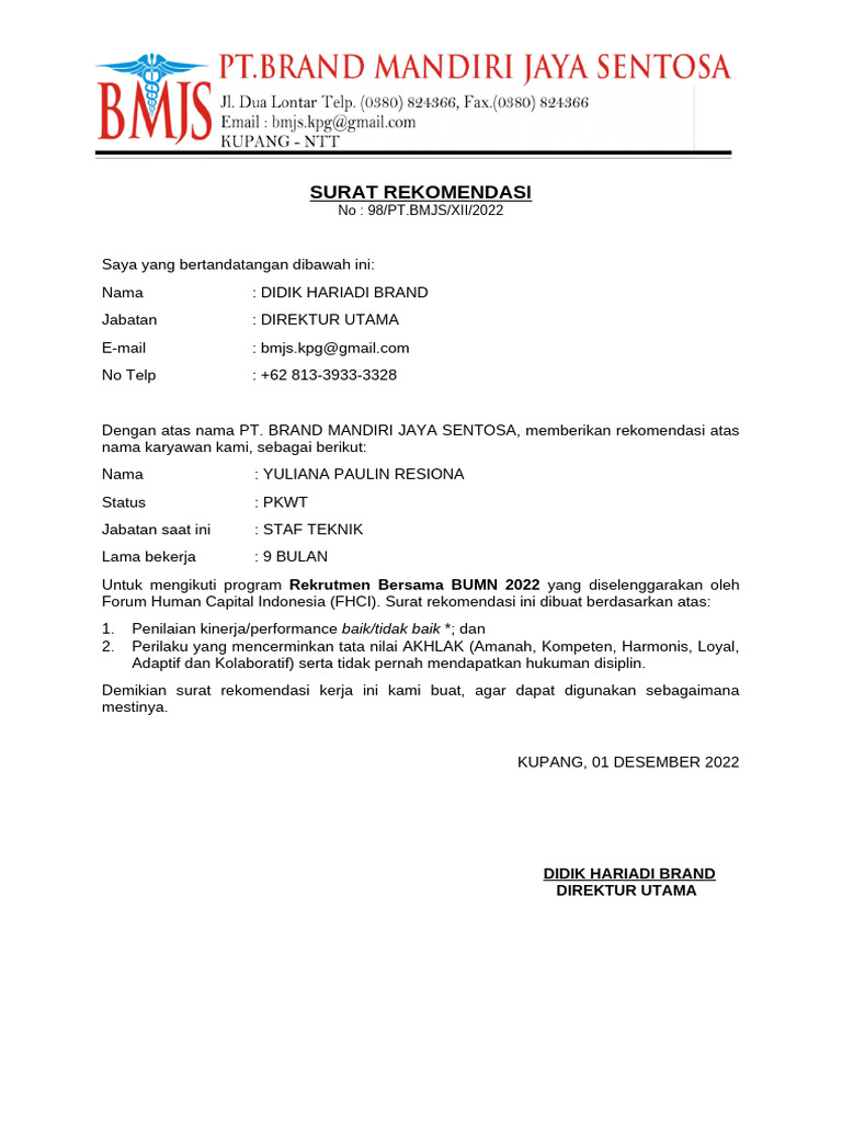 Template Surat Rekomendasi | PDF