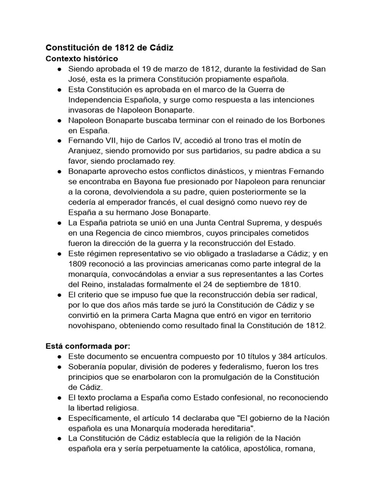 Constitución de Cádiz 1812: Contexto y Principios | PDF | Constitución ...