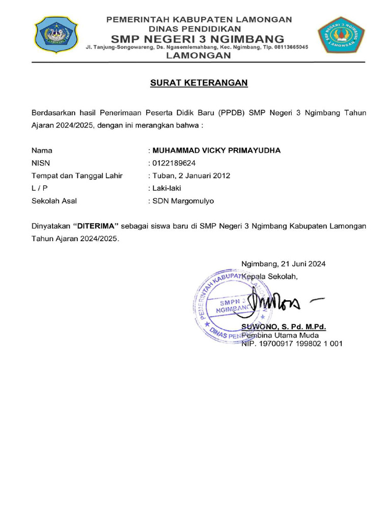 Surat Keterangan PPDB | PDF