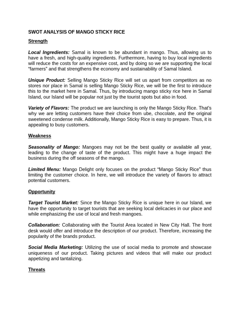 Swot Analysis of Mango Sticky Rice | PDF