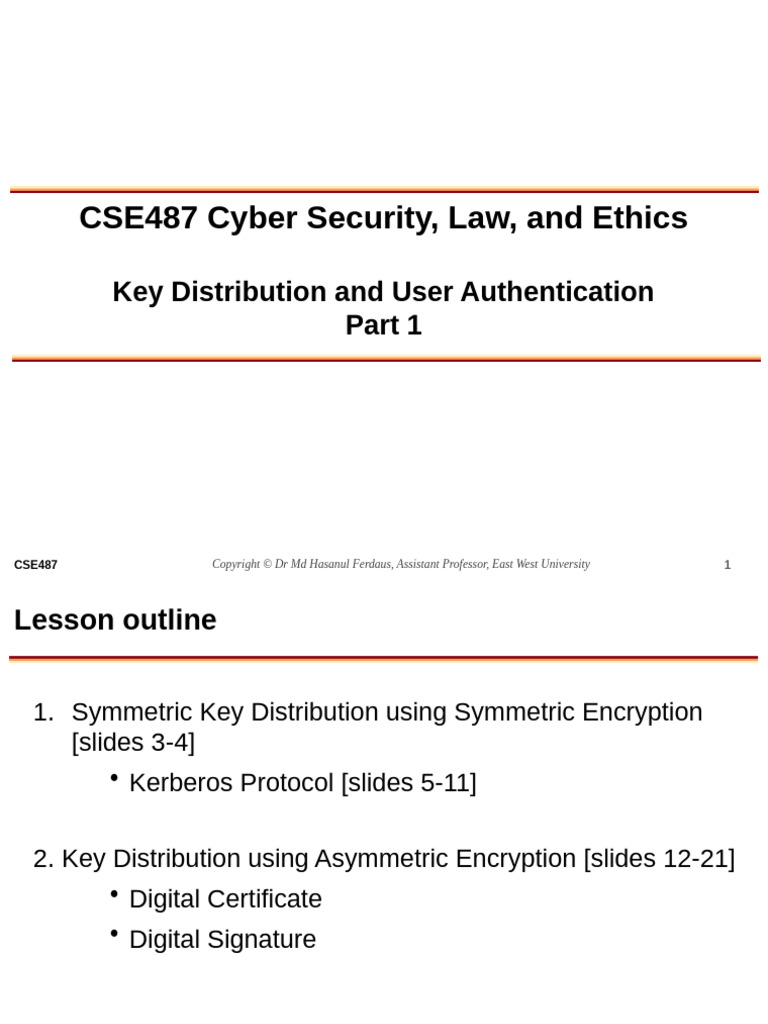 Key Distribution and User Authentication - Part 1 | PDF | Public Key Cryptography | Business