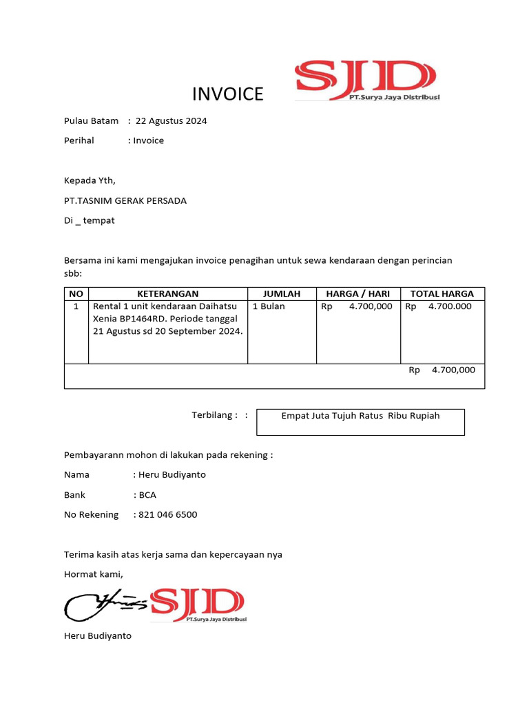 INVOICE SID PT TASNIM DAIHATSU XENIA BP1464RD TGL 22 Agustus 2024 | PDF