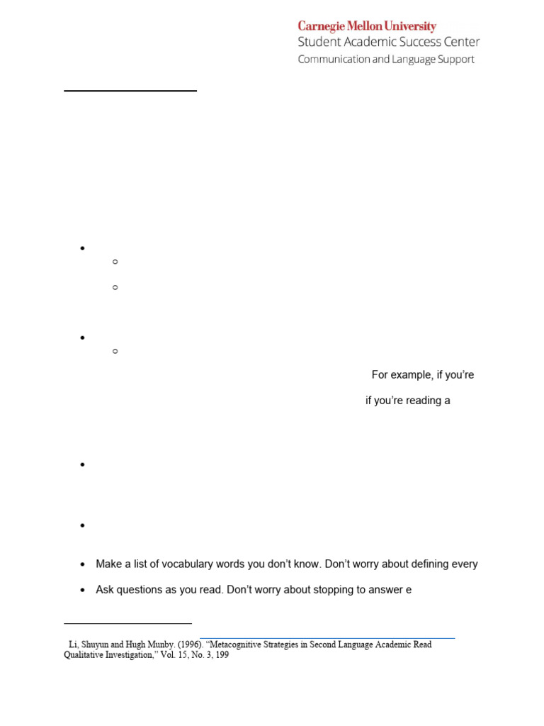 Cmu Lec Reading Strategies Handout Pdf 
