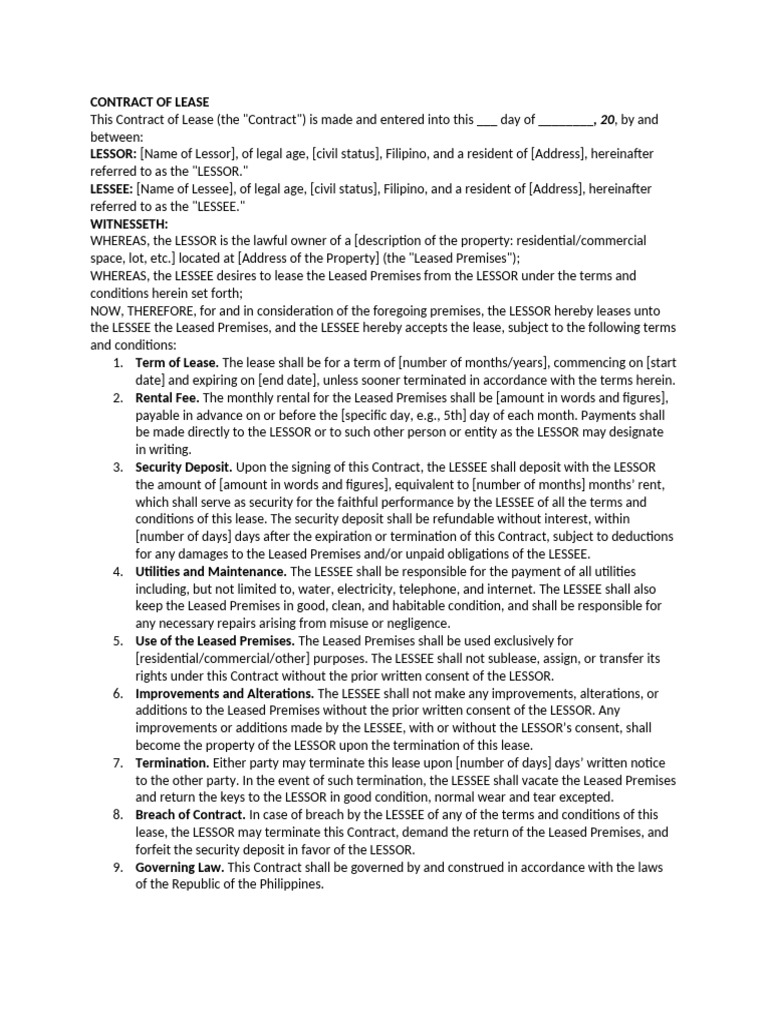 CONTRACT OF LEASE - Sample | PDF