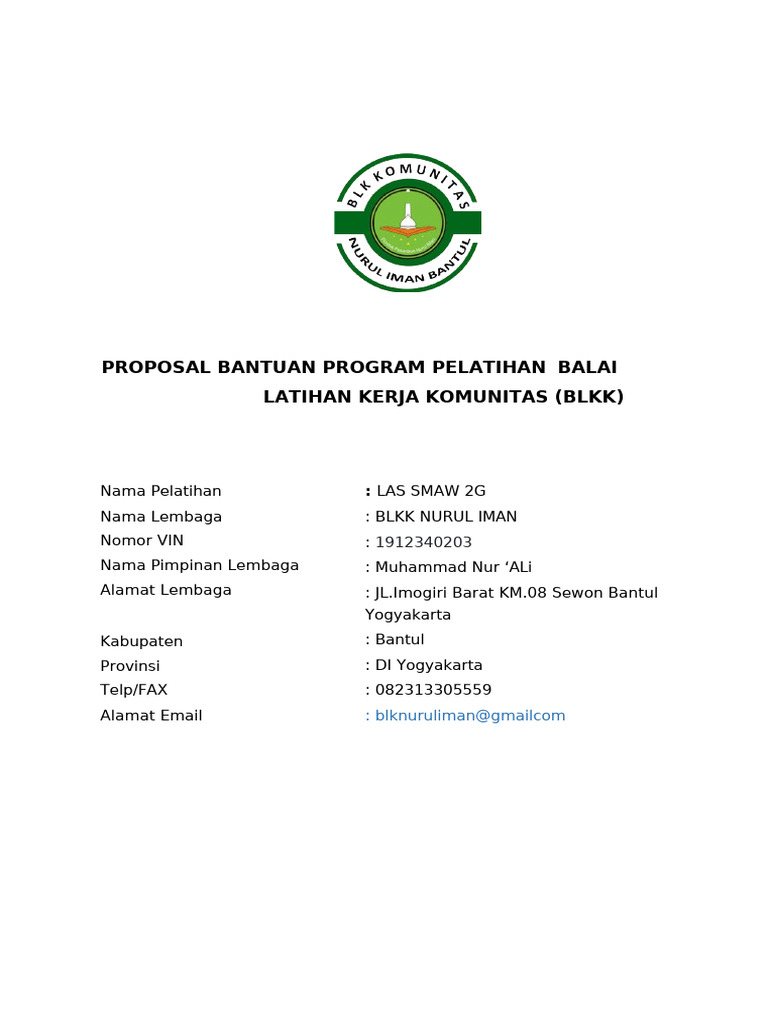 Proposal BLK Komunitas Nurul Iman Bantul 2021 | PDF