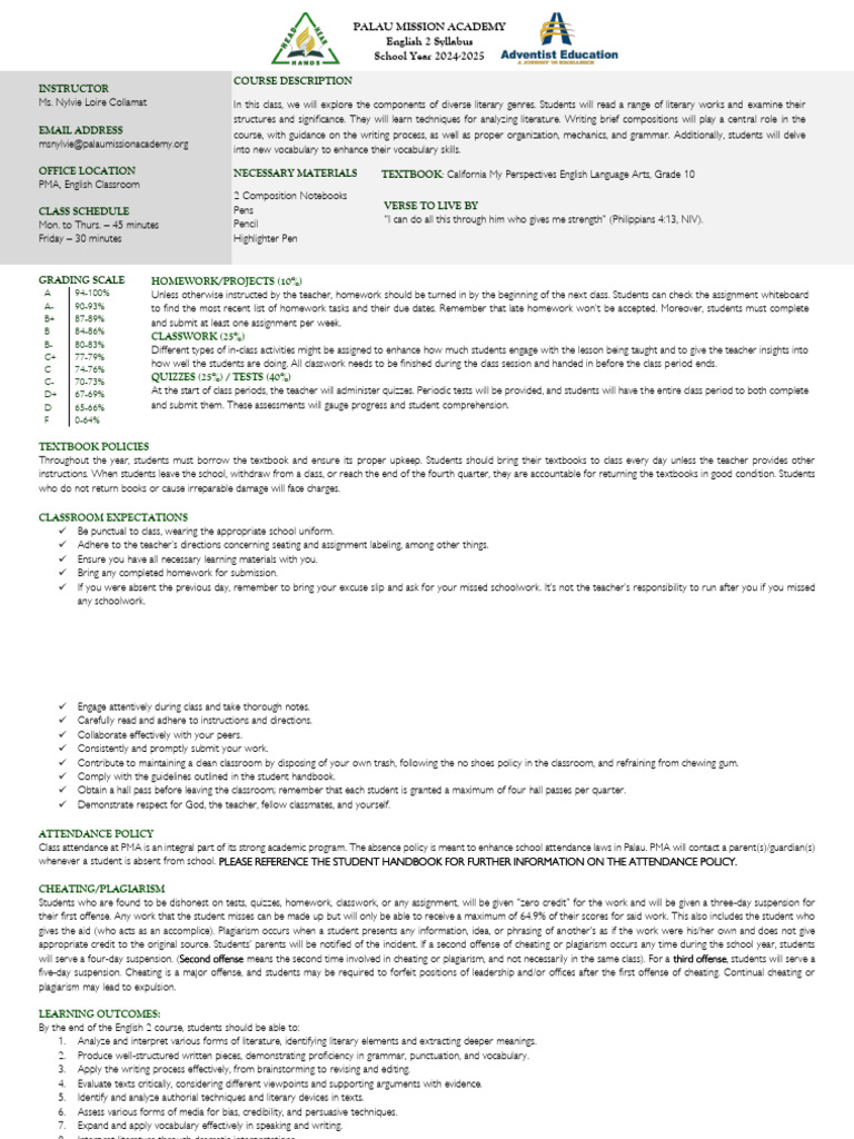 English 2 Syllabus 2024-2025 | PDF | Plagiarism | Homework