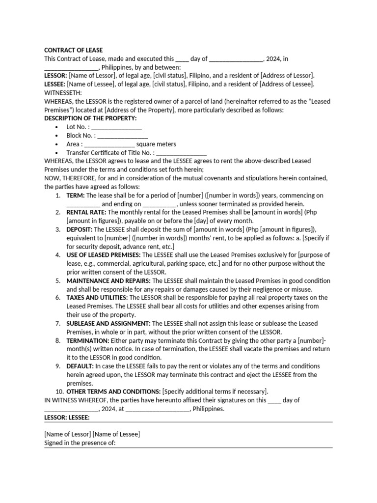 CONTRACT OF LEASE For Vacant Lot - Sample | PDF