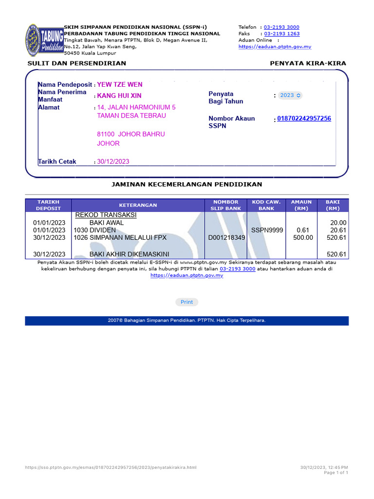 Penyata Kira Kira SSPN | PDF