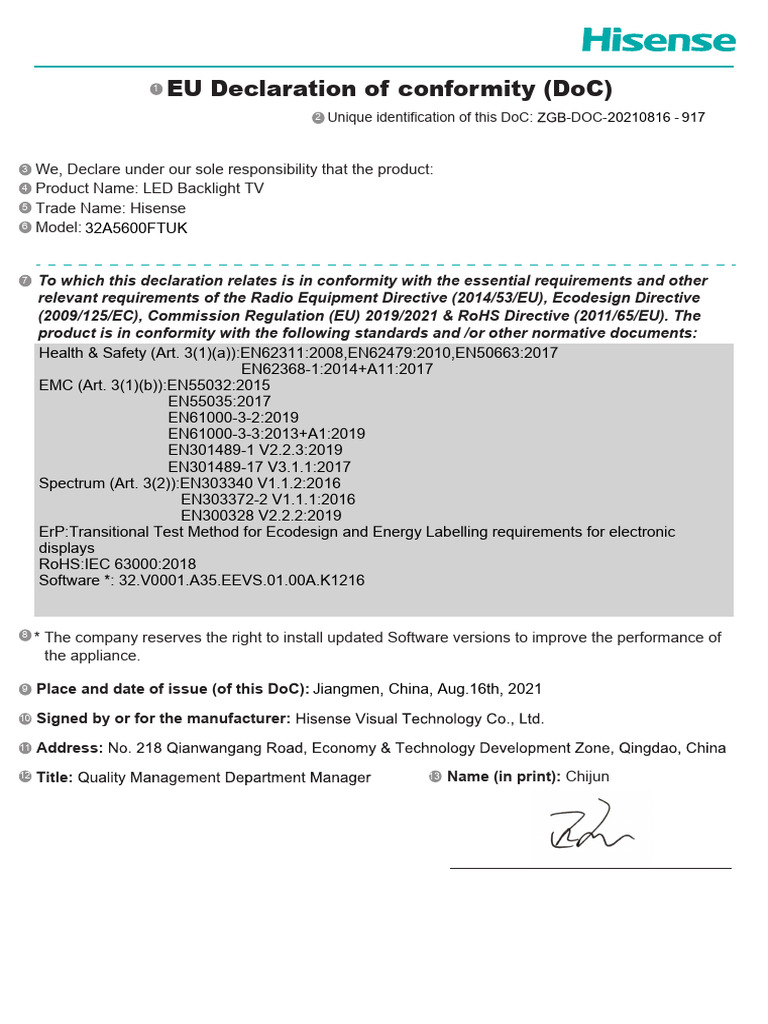 Declaration of Conformity (DoC) - 32A5600FTUK | PDF