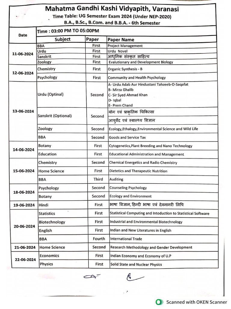 UG - NEP - 6th - Sem Time Table 2024 | PDF