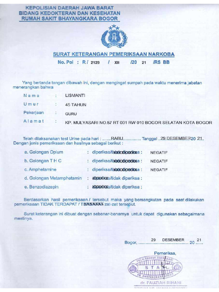 Surat Keterangan Bebas Narkoba | PDF
