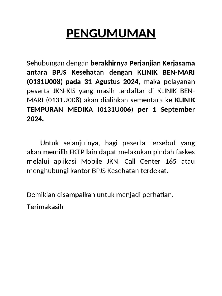 Pengumuman Klinik Ben Mari | PDF