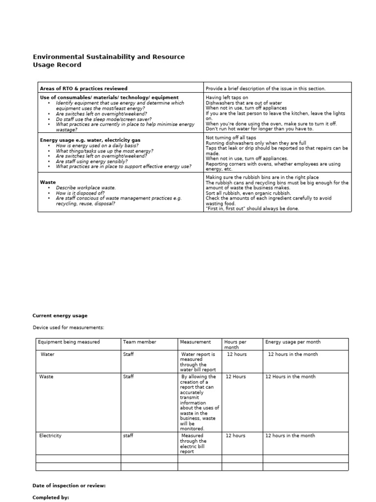 BSBSUS401 - Usage Record Template | PDF