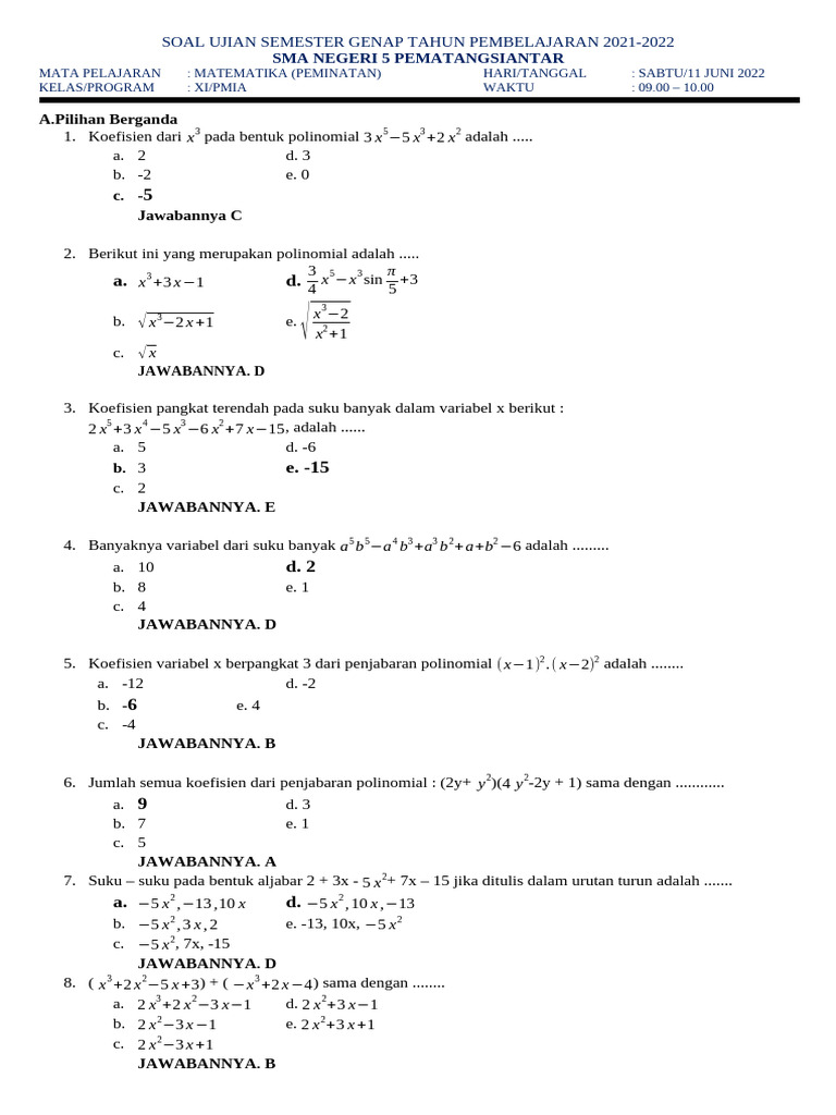 Soal Kelas XI 2021 MTK MINAT | PDF