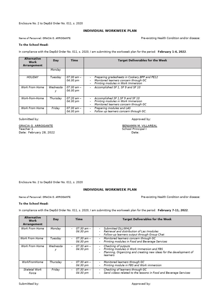 Individual Workweek Plan | PDF