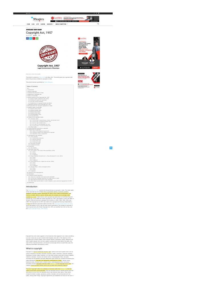 Copy Right Notes (Ipleader) | PDF