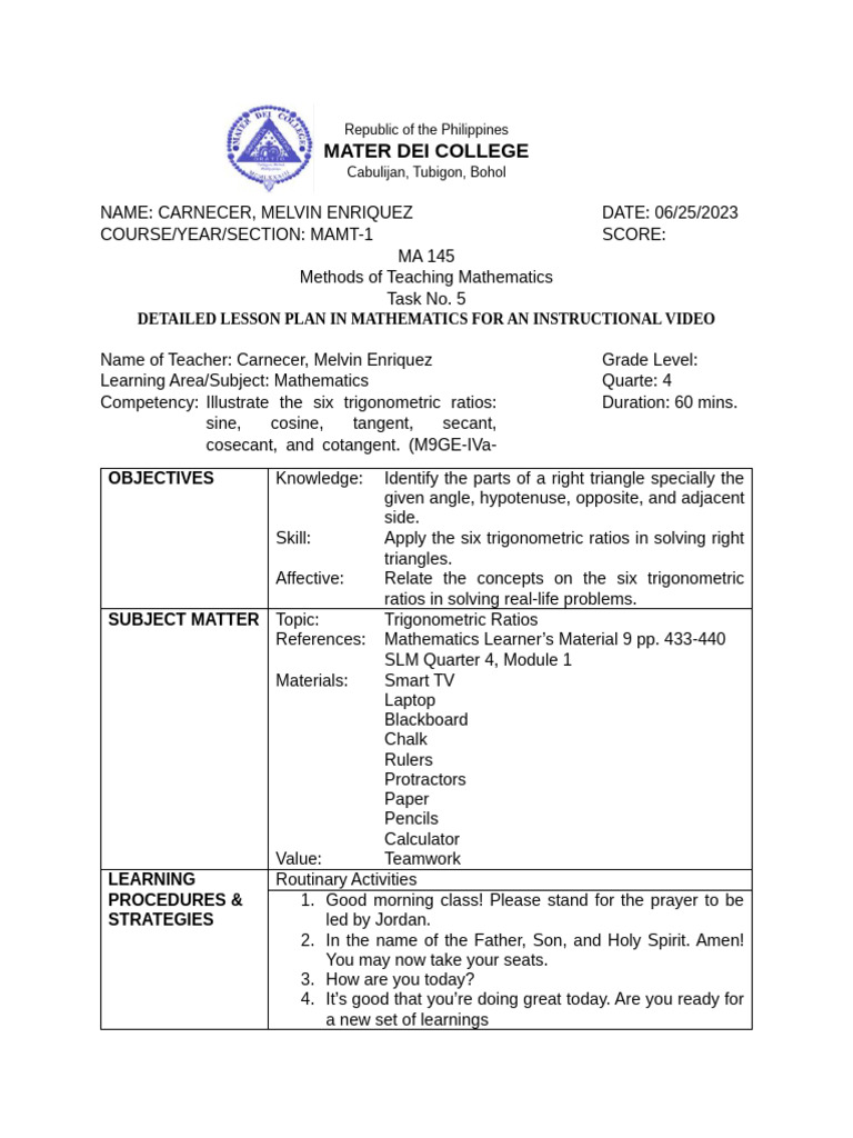 5e's DETAILED LESSON PLAN IN MATHEMATICS FOR AN INSTRUCTIONAL VIDEO | PDF