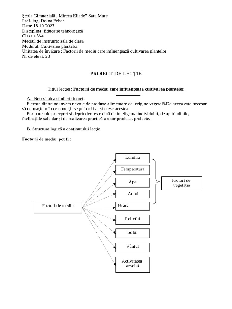 Proiect de Lectie Factorii de Mediu Care Influenteaza Cultivarea Plantelor - Docx Octombrie M1 ...