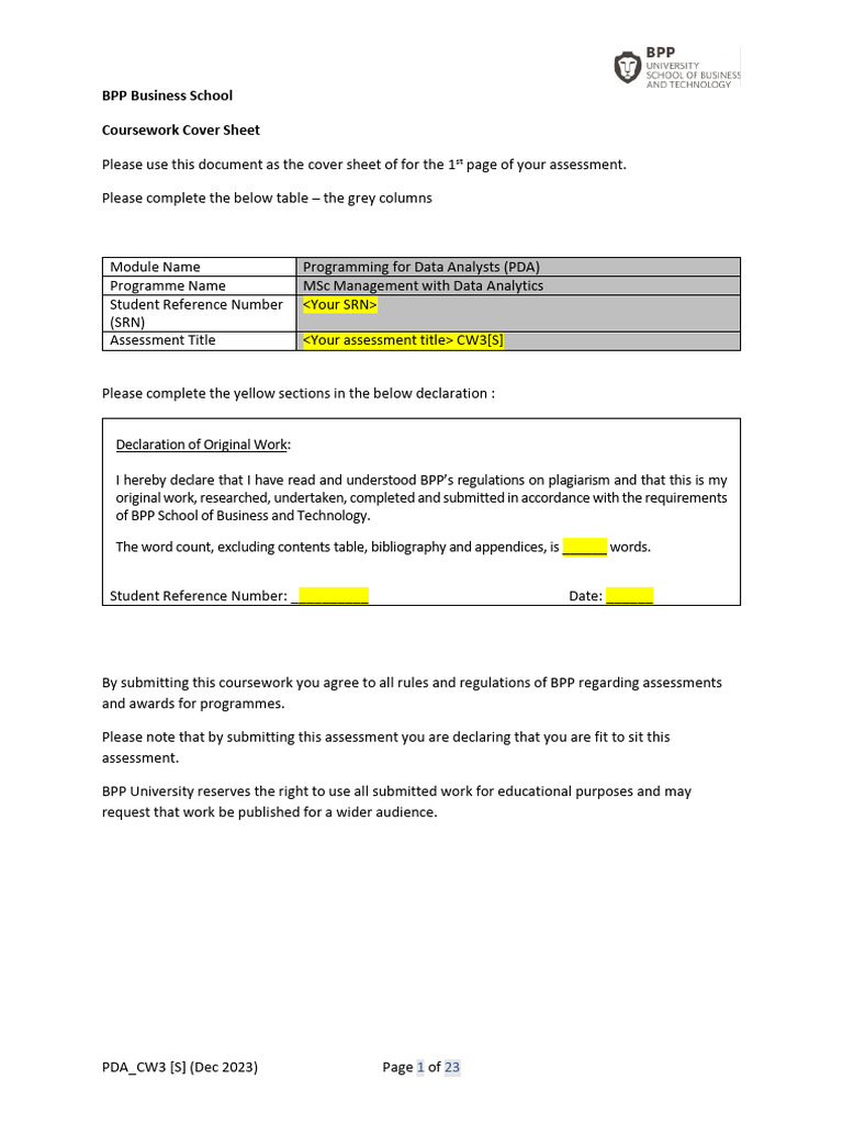 Programming For Data Analysts Summative Brief CW3 | PDF